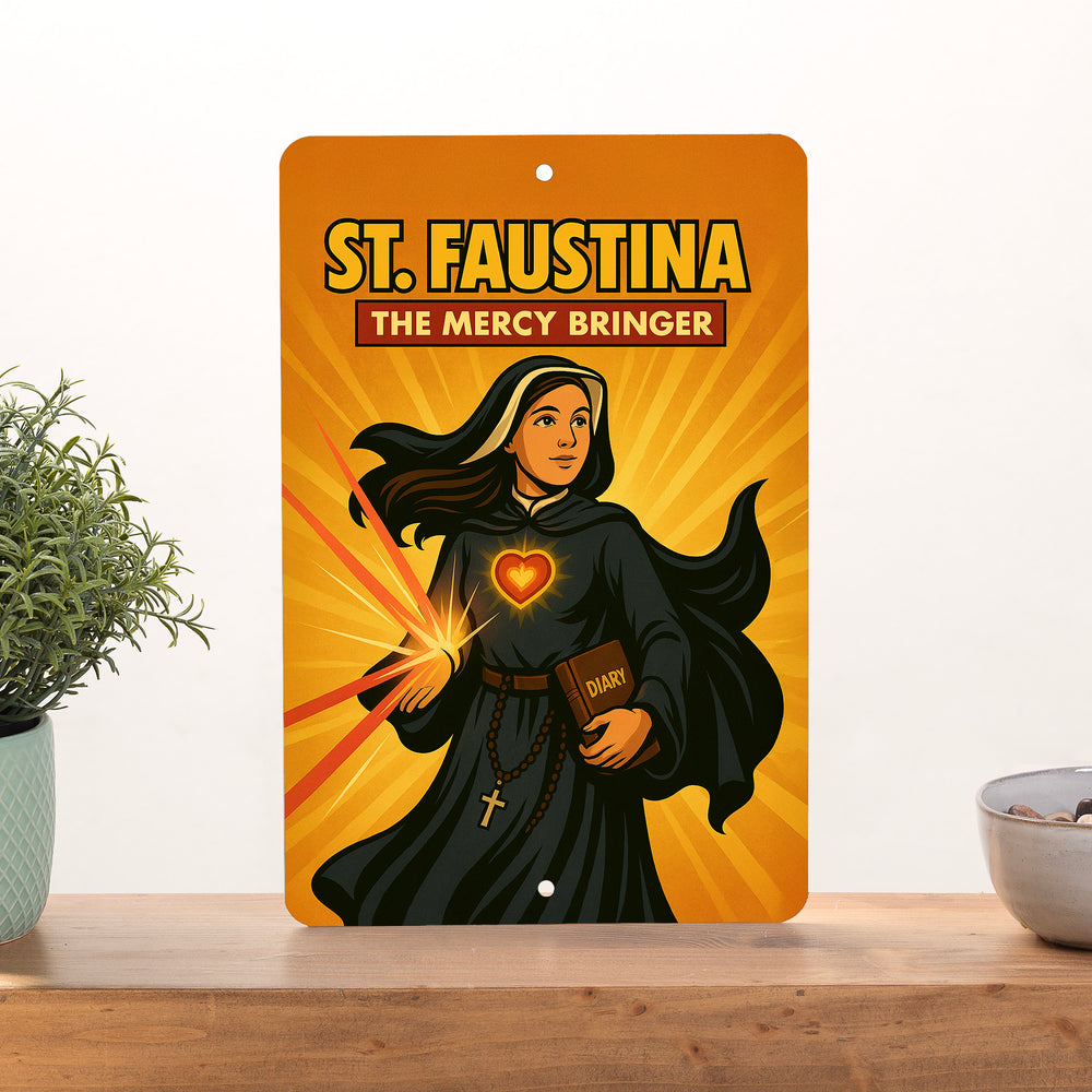 St. Faustina Superhero Tin Sign | The Catholic Company®