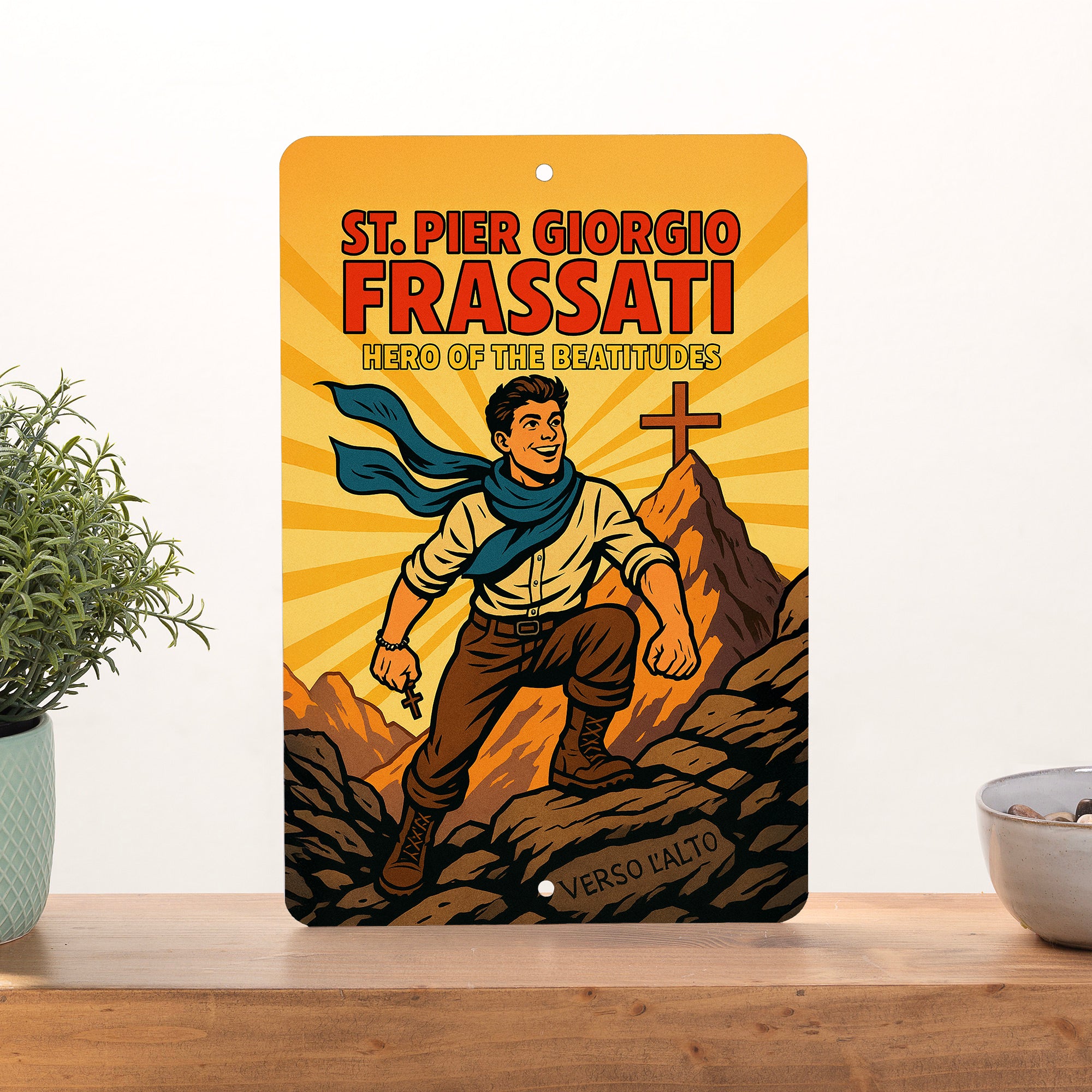 St. Pier Giorgio Frassati Superhero Tin Sign | The Catholic Company®
