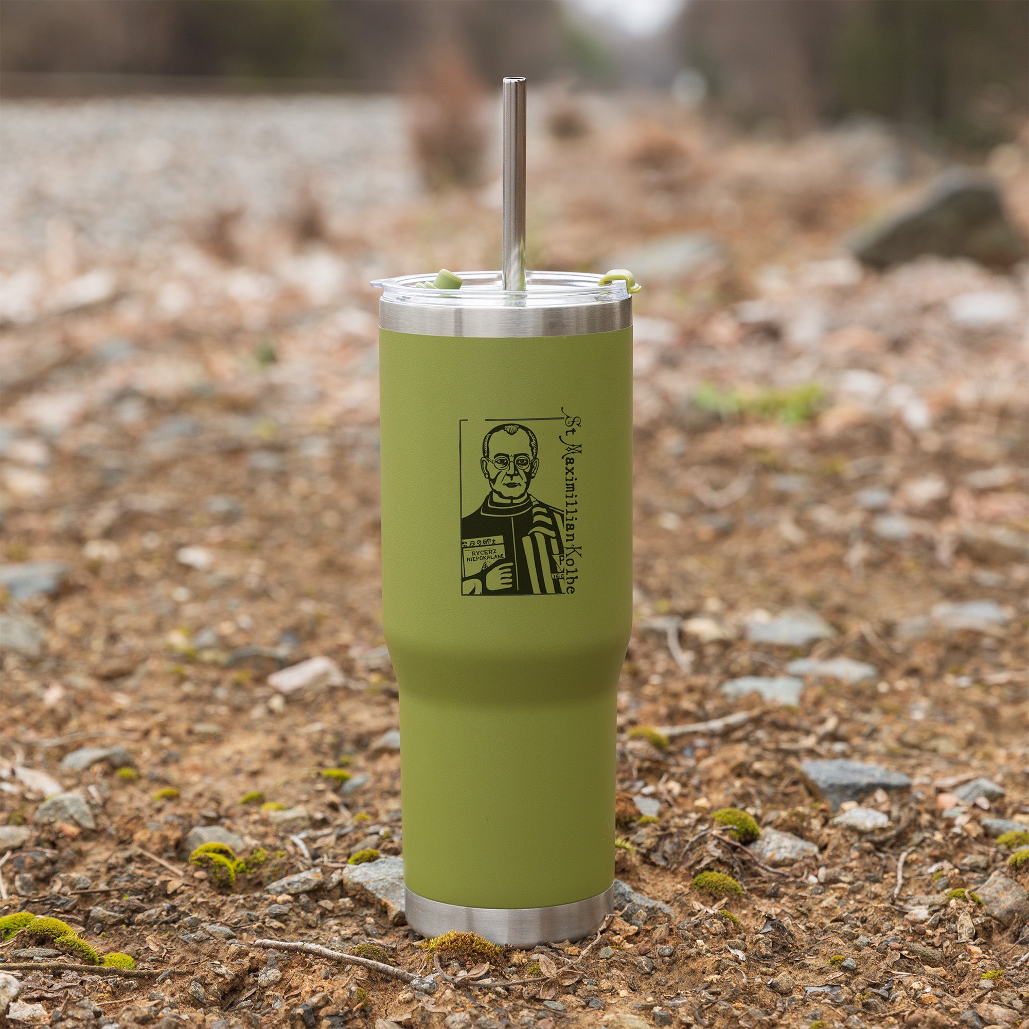 Green St. Maximilian Kolbe Stainless Steel Tumbler with Straw