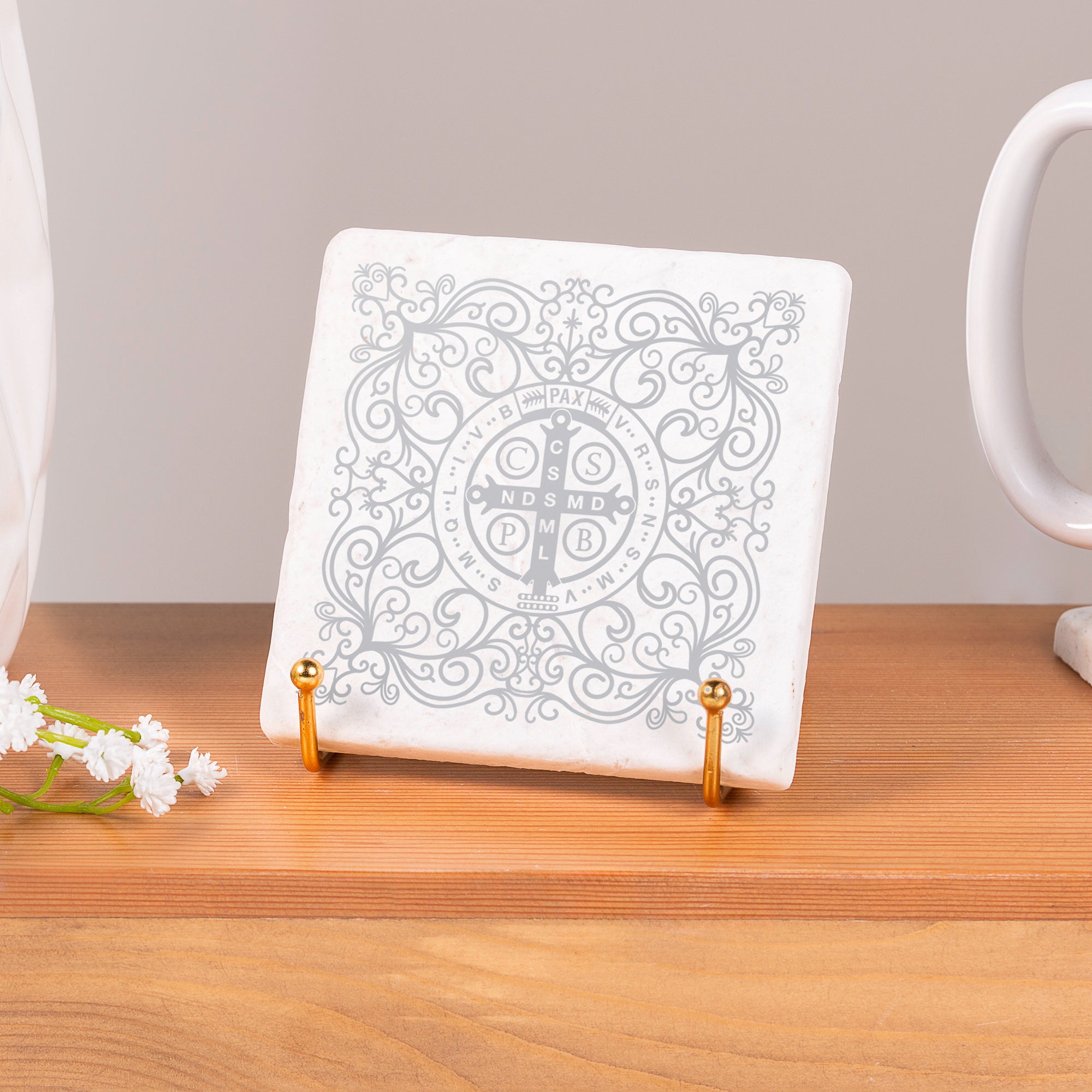 St. Benedict Filigree Stone Coaster | The Catholic Company®