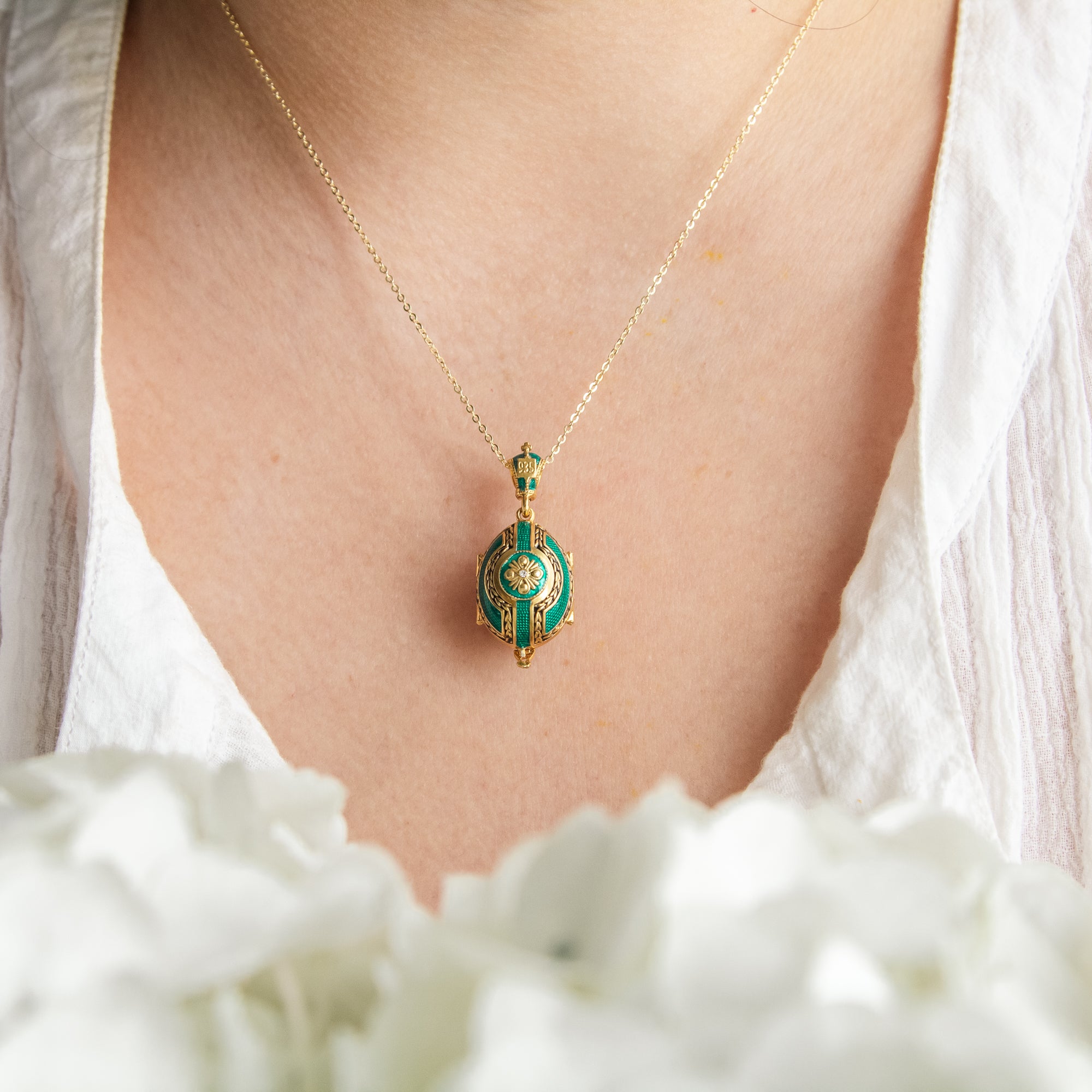 Emerald Green Faberge-Style Egg Locket With Icon and Angels (18" chain
