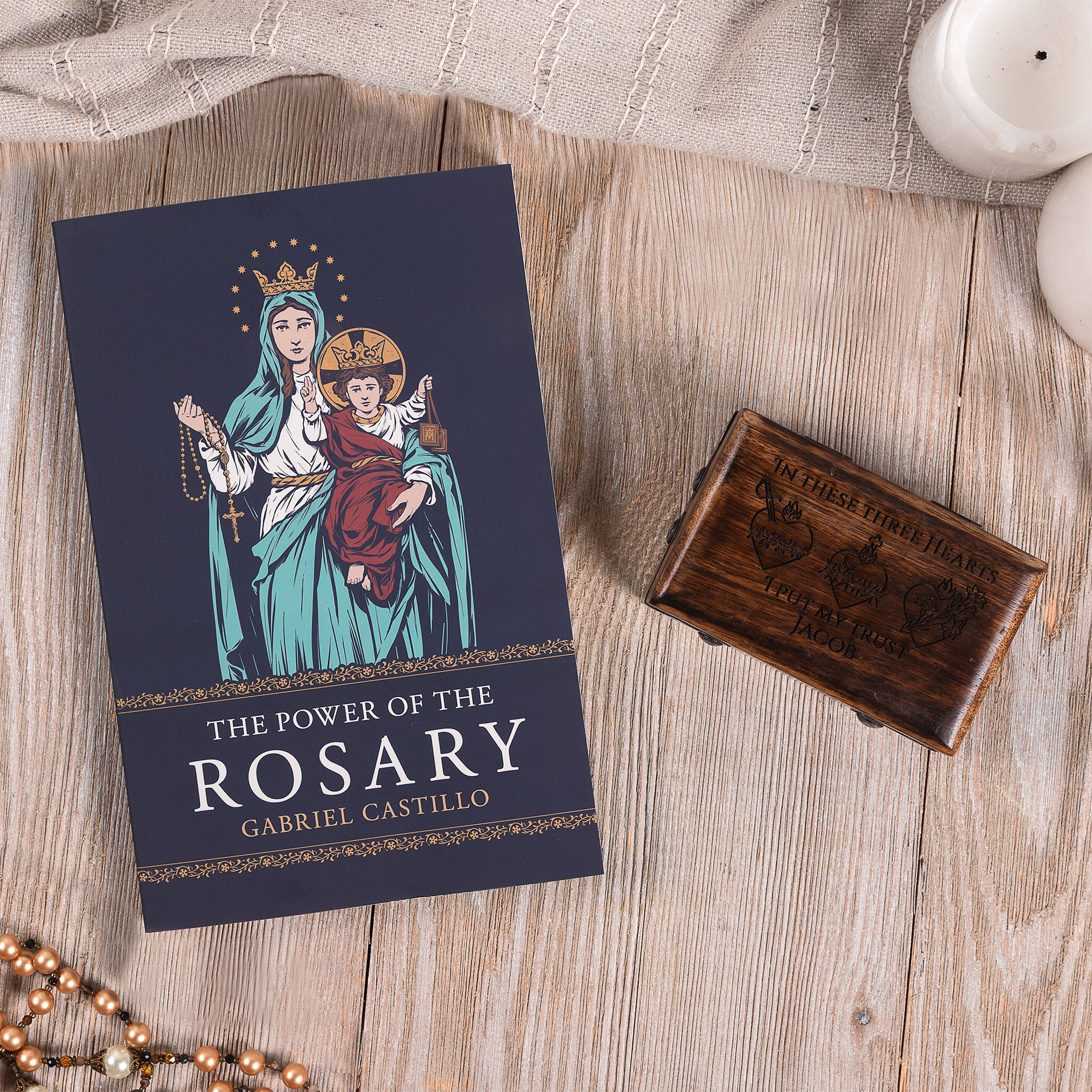 The Power of the Rosary Book & Personalized Three Hearts Rosary Box Gi