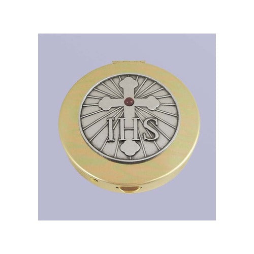 Polished Brass Pyx with Cross and Red Crystal | The Catholic Company®