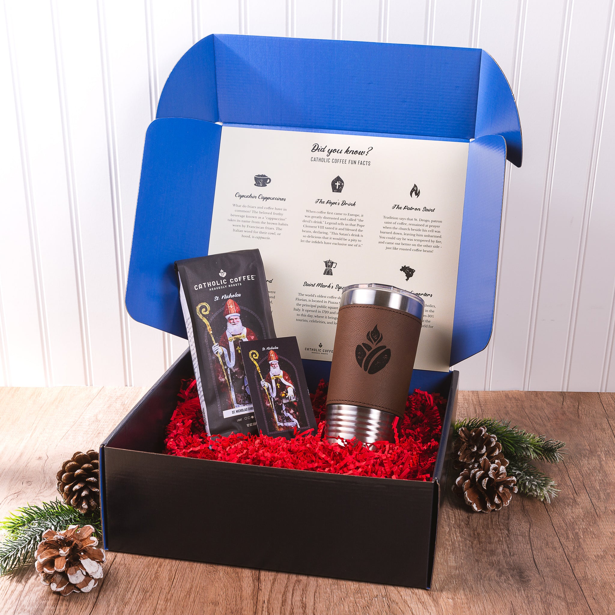 St. Nicholas Coffee & Leather Tumbler Gift Set | The Catholic Company®
