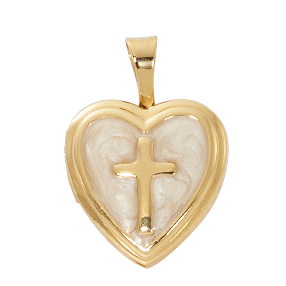 Gold Over Sterling Silver Pearlized Heart & Cross Locket - 18"
