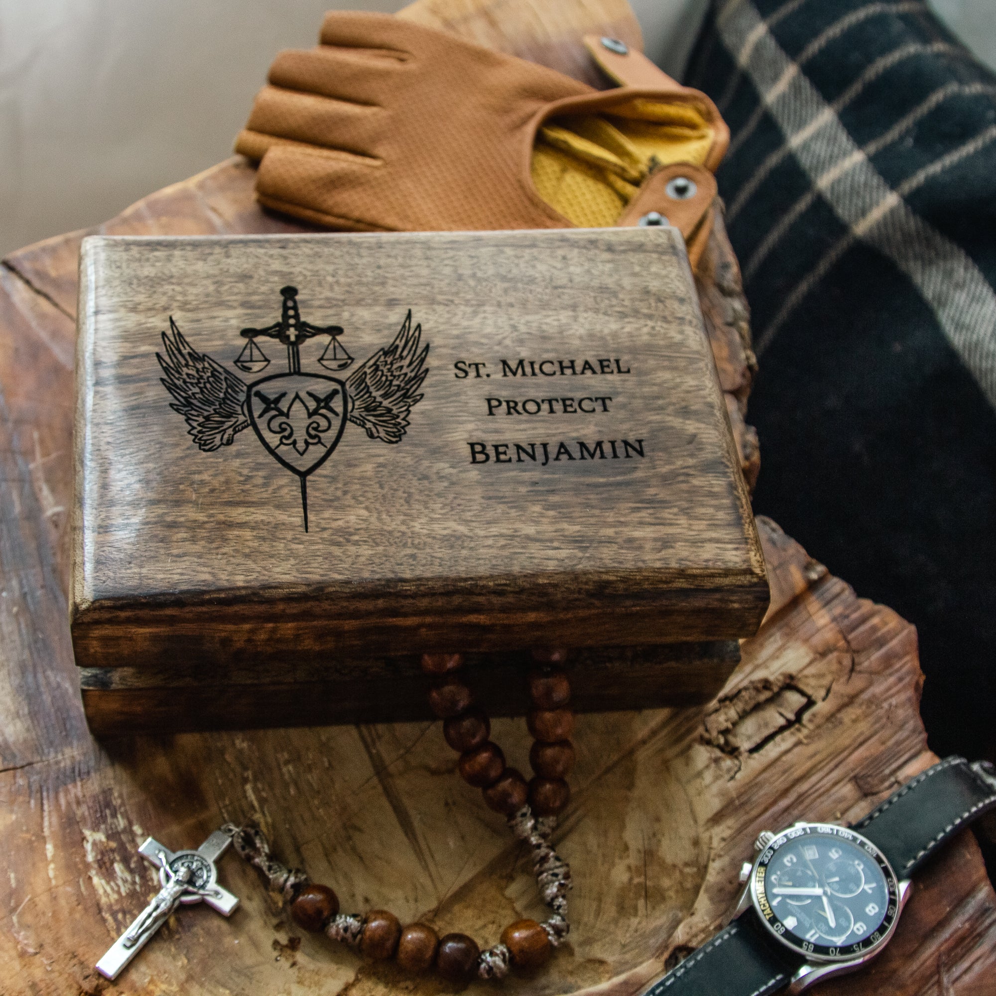 Personalized St. Michael Wood Keepsake Box, 5x7 | The Catholic Company®
