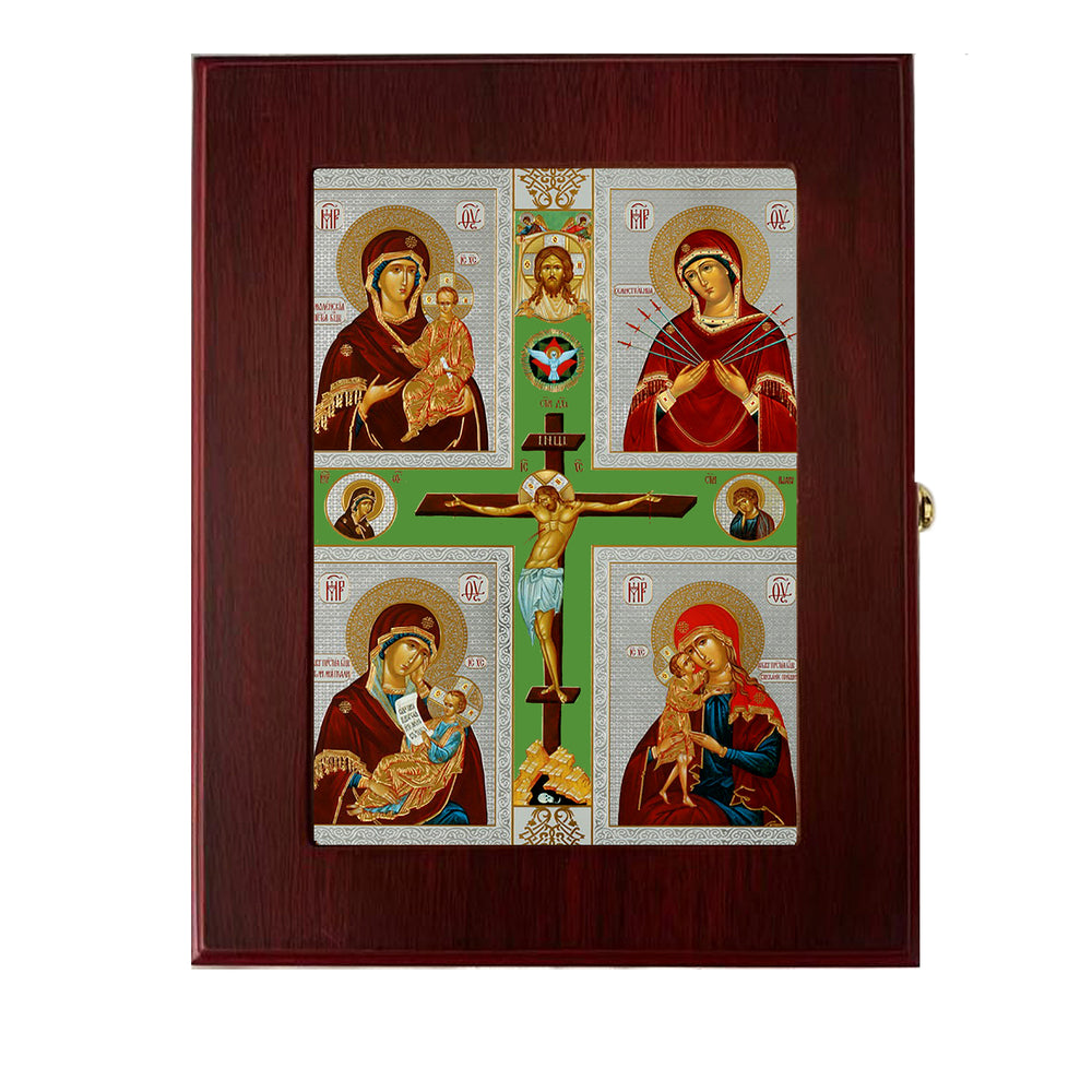 Crucifixion & 4 Marian Icons Ornate Rosary Box | The Catholic Company®