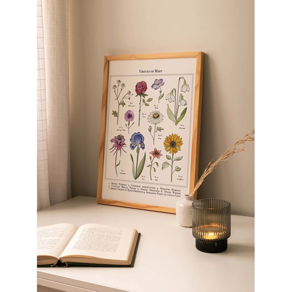 Virtues of Mary Vintage Floral Poster - 11" x 14"