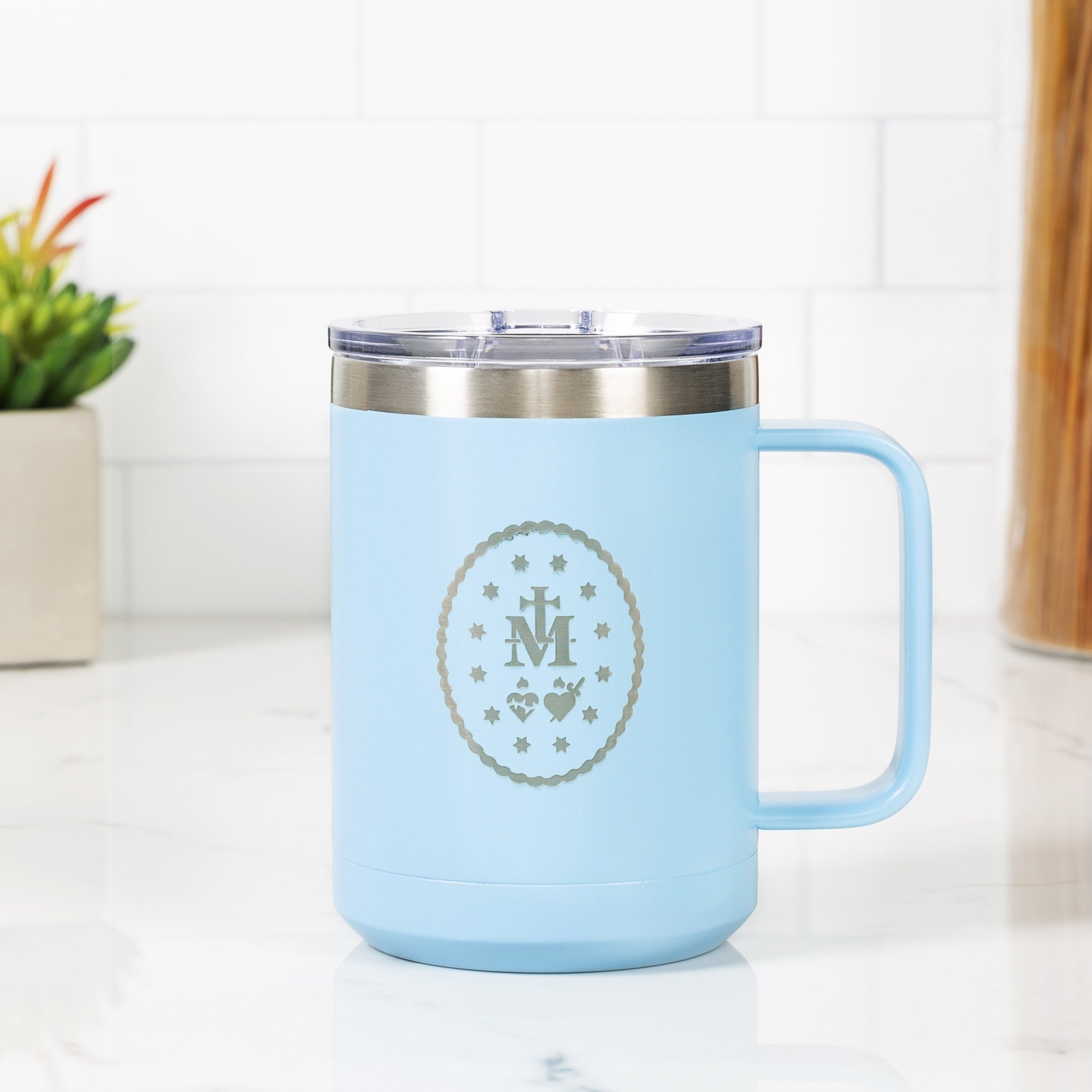 Personalized Miraculous Medal Blue Travel Mug | The Catholic Company®