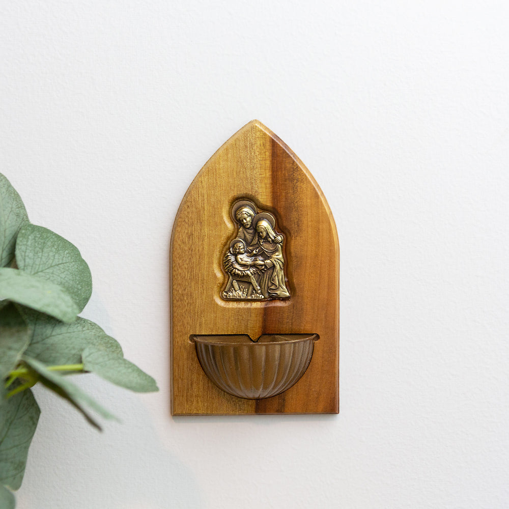 Wood & Antique Gold Holy Family Holy Water Font | The Catholic Company®