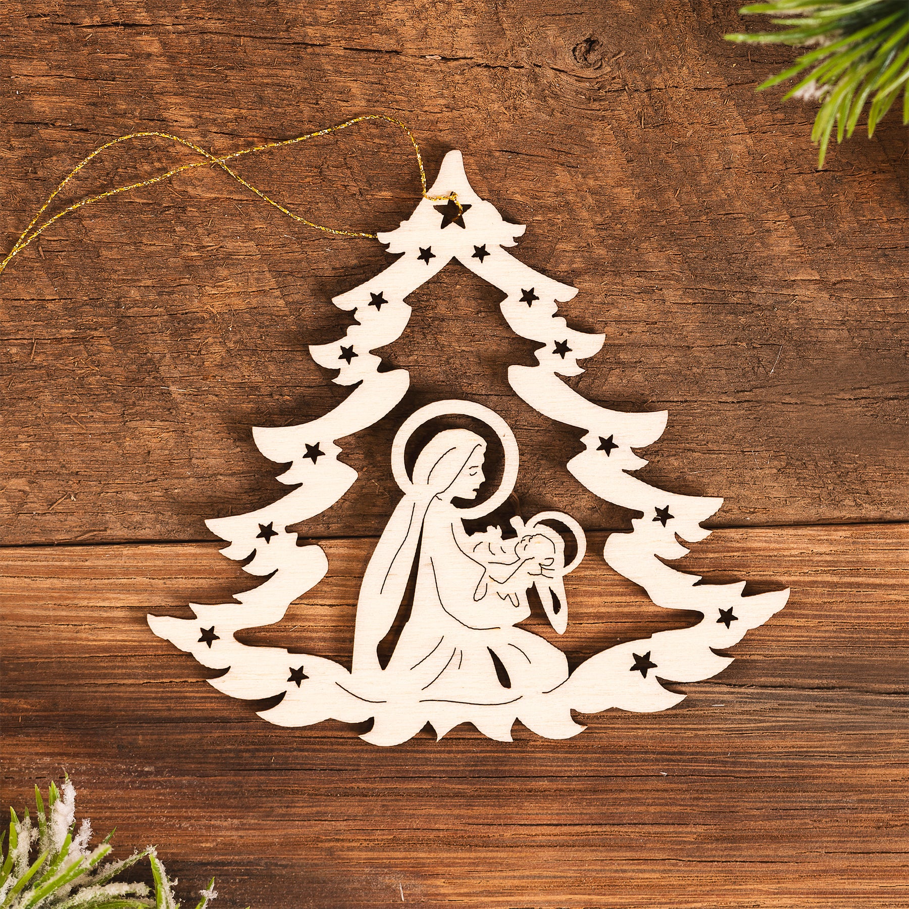 Laser Cut Christmas Tree Madonna & Child Ornament | The Catholic Company®