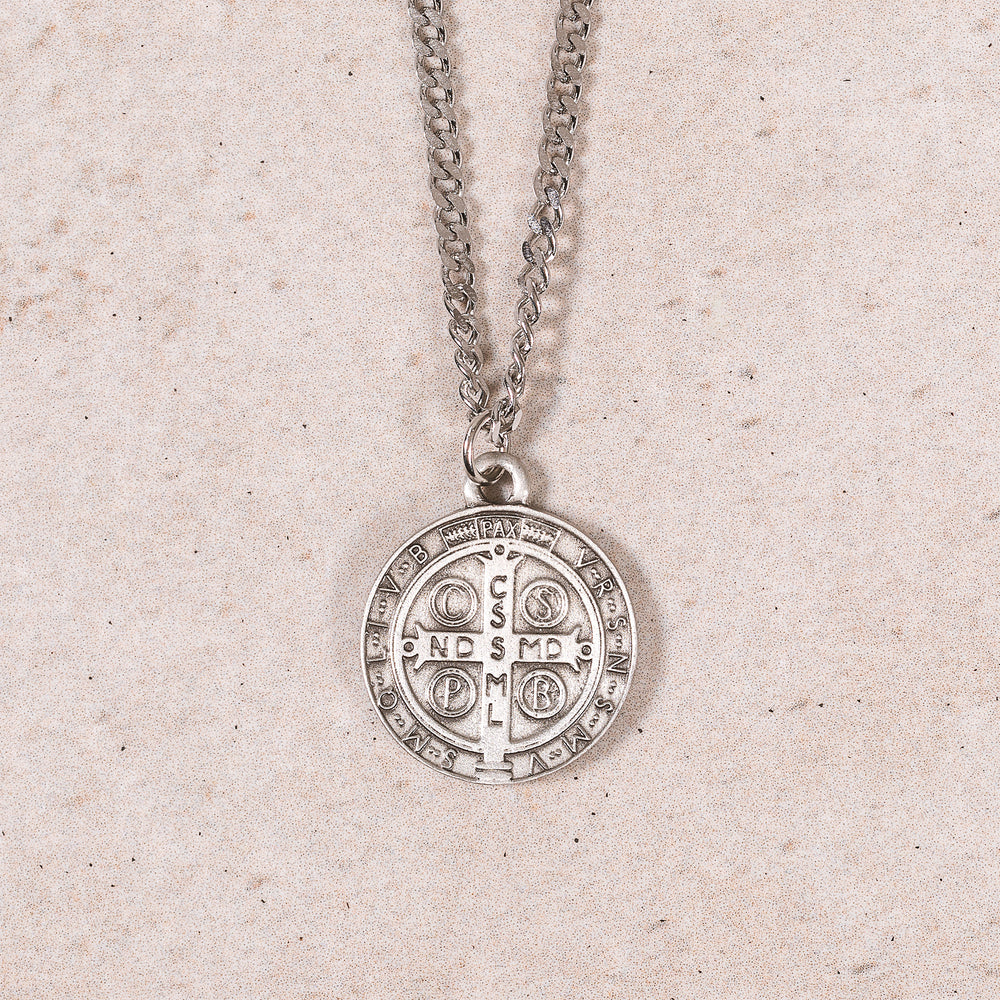 St. Benedict Antiqued Silver Medal, 24" chain | The Catholic Company®