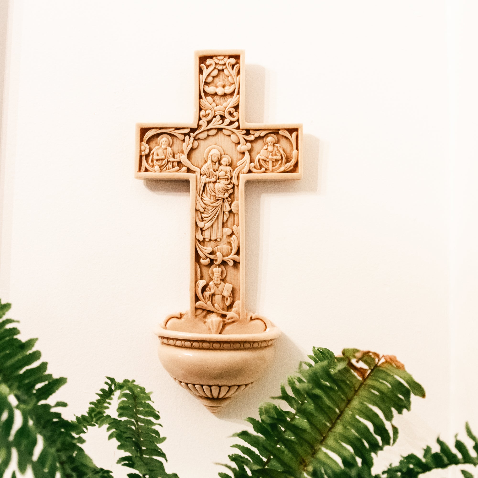 A True Church Cross Holy Water Font - Antiqued Alabaster - 12 Inches