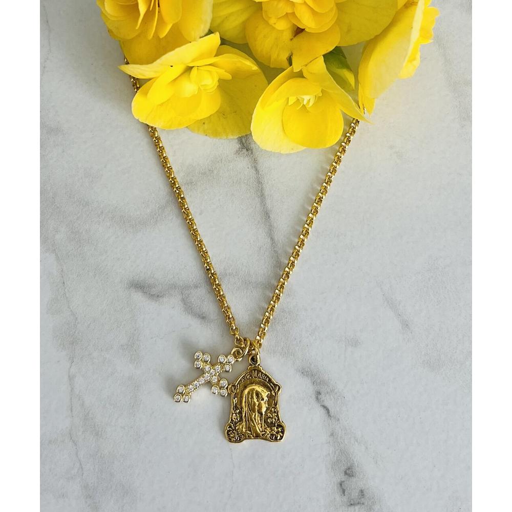 Gold Ava Maria Medallion & Crystal Cross Necklace | The Catholic Company®