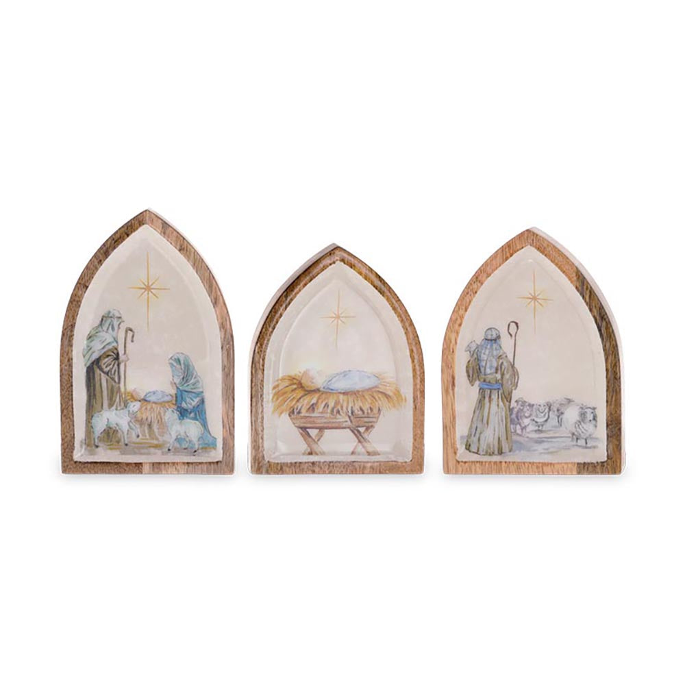 Mango Wood Nativity Scene Shelf Sitters - 3 Pieces | The Catholic Company®