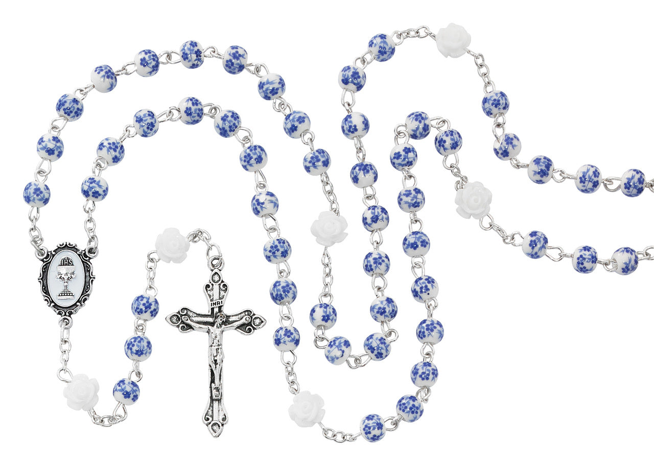 White & Blue Rose Ceramic First Communion Rosary | The Catholic Company®
