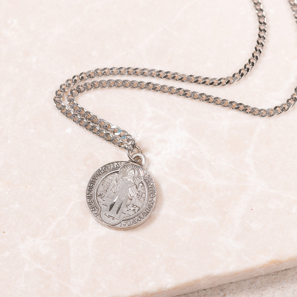 St. Benedict Antiqued Silver Medal, 24" chain | The Catholic Company®