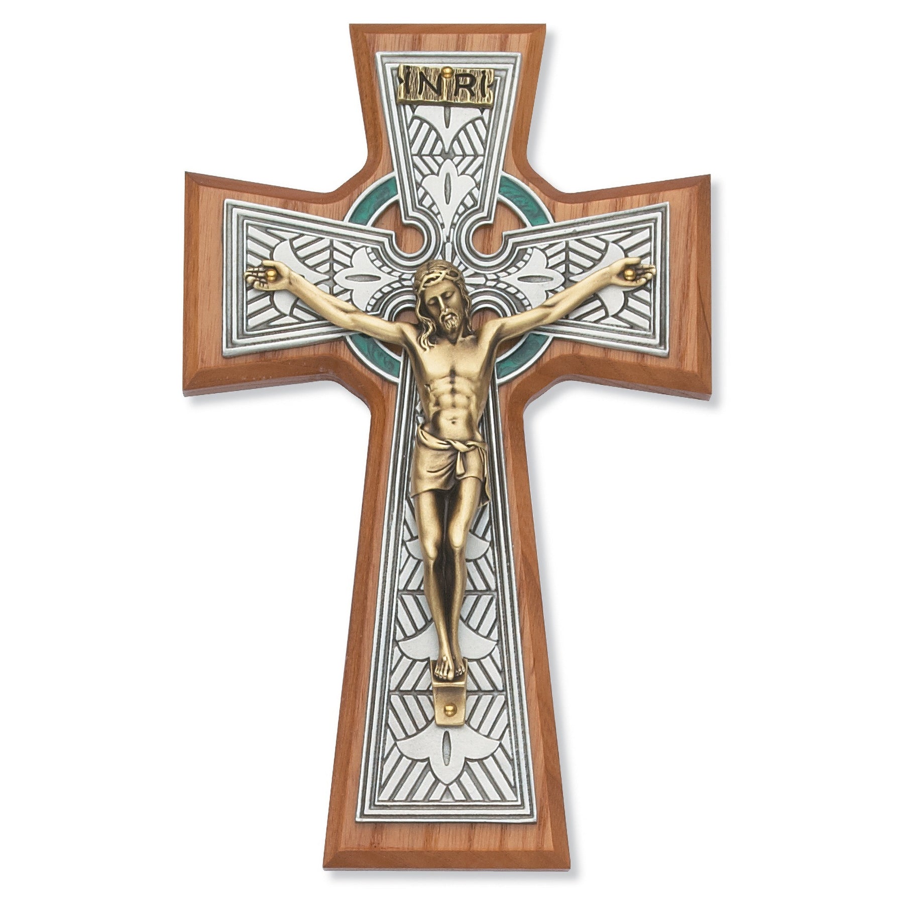 Walnut Celtic Cross with Gold Corpus - 8 inch | The Catholic Company®